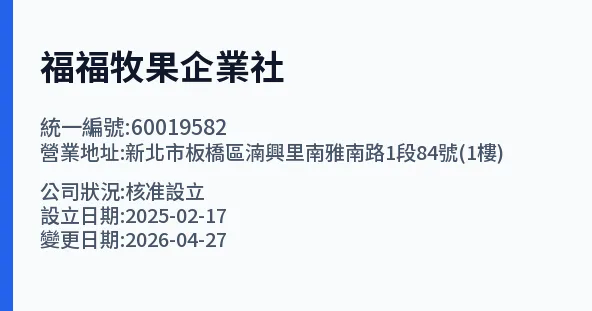 福福牧果企業社的照片-統編 60019582(新北市) 公司登記資料與營業項目詳細圖表
