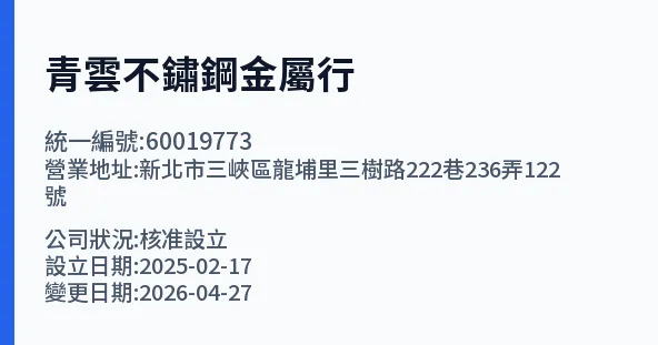 青雲不鏽鋼金屬行的照片-統編 60019773(新北市) 公司登記資料與營業項目詳細圖表