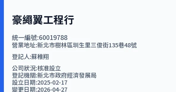 豪繩翼工程行的照片-統編 60019788(新北市) 公司登記資料與營業項目詳細圖表