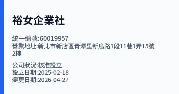 裕女企業社的照片-統編 60019957(新北市) 公司登記資料與營業項目詳細圖表