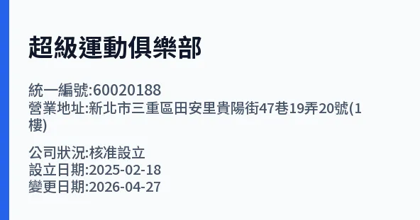 超級運動俱樂部的照片-統編 60020188(新北市) 公司登記資料與營業項目詳細圖表