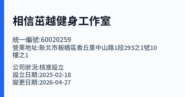 相信茁越健身工作室的照片-統編 60020259(新北市) 公司登記資料與營業項目詳細圖表