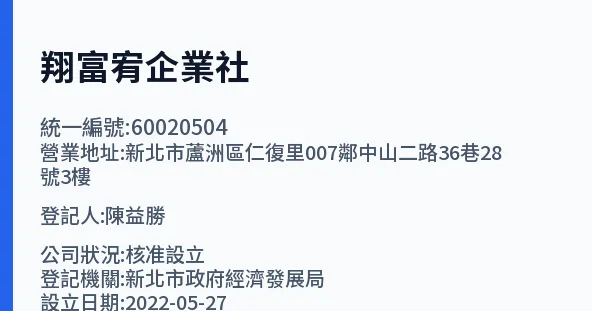 翔富宥企業社的照片-統編 60020504(新北市) 公司登記資料與營業項目詳細圖表