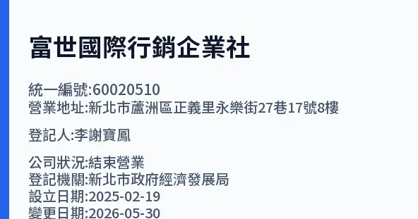 富世國際行銷企業社的照片-統編 60020510(新北市) 公司登記資料與營業項目詳細圖表