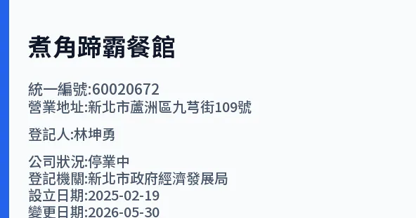 煮角蹄霸餐館的照片-統編 60020672(新北市) 公司登記資料與營業項目詳細圖表