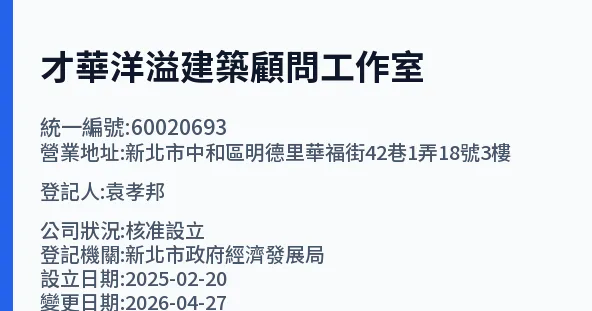 才華洋溢建築顧問工作室的照片-統編 60020693(新北市) 公司登記資料與營業項目詳細圖表