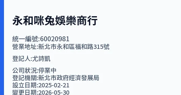 永和咪兔娛樂商行的照片-統編 60020981(新北市) 公司登記資料與營業項目詳細圖表