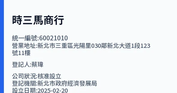 時三馬商行的照片-統編 60021010(新北市) 公司登記資料與營業項目詳細圖表