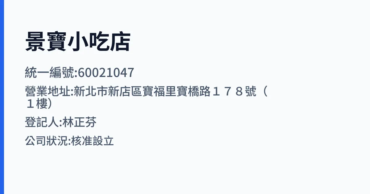 景寶小吃店 - 統編 60021047(新北市) 公司登記資料與營業項目詳細圖表