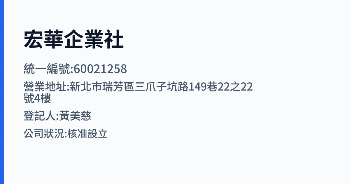 宏華企業社 - 統編 60021258(新北市) 公司登記資料與營業項目詳細圖表