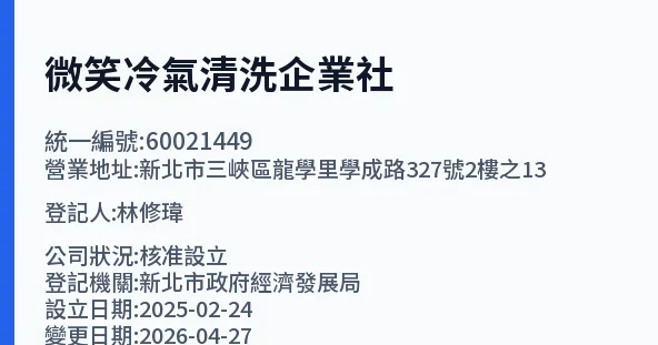 微笑冷氣清洗企業社的照片-統編 60021449(新北市) 公司登記資料與營業項目詳細圖表