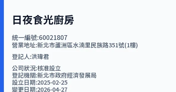 日夜食光廚房的照片-統編 60021807(新北市) 公司登記資料與營業項目詳細圖表