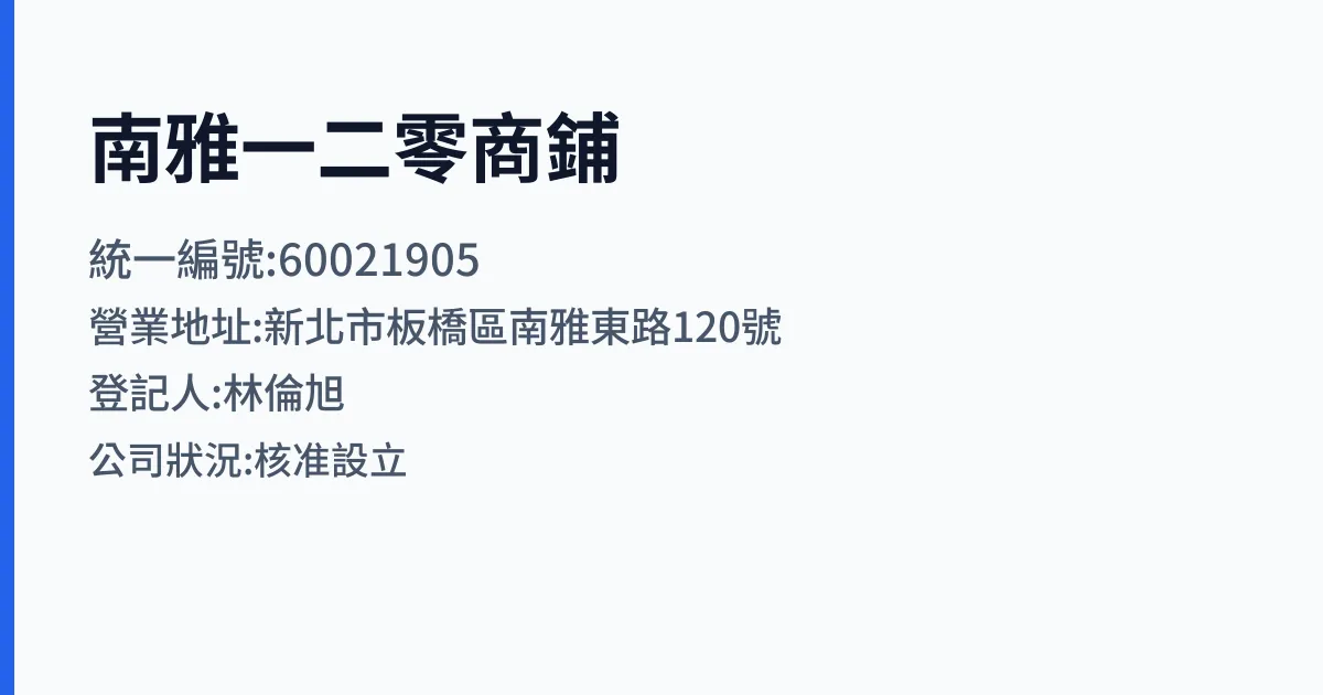 南雅一二零商鋪 - 統編 60021905(新北市) 公司登記資料與營業項目詳細圖表