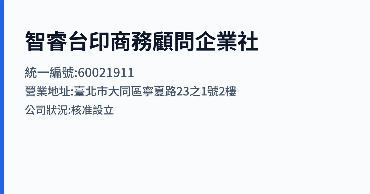 智睿台印商務顧問企業社 - 統編 60021911(新北市) 公司登記資料與營業項目詳細圖表