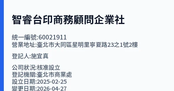 智睿台印商務顧問企業社的照片-統編 60021911(臺北市) 公司登記資料與營業項目詳細圖表