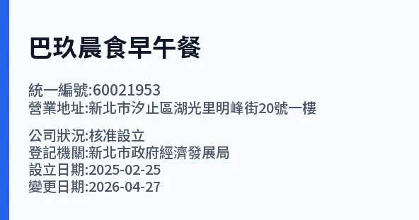 巴玖晨食早午餐的照片-統編 60021953(新北市) 公司登記資料與營業項目詳細圖表