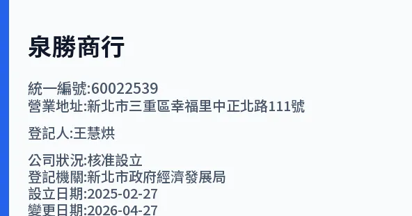 泉勝商行的照片-統編 60022539(新北市) 公司登記資料與營業項目詳細圖表