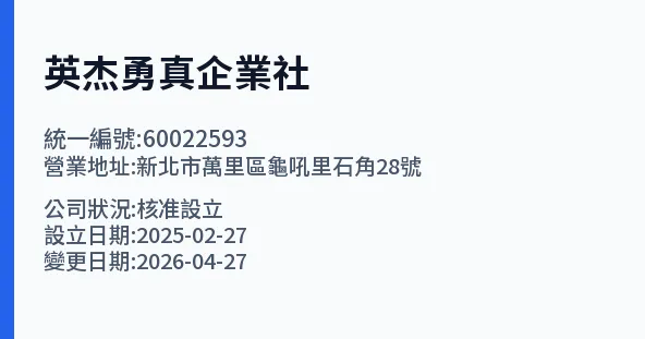 英杰勇真企業社的照片-統編 60022593(新北市) 公司登記資料與營業項目詳細圖表