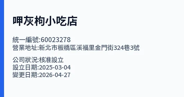呷灰枸小吃店的照片-統編 60023278(新北市) 公司登記資料與營業項目詳細圖表