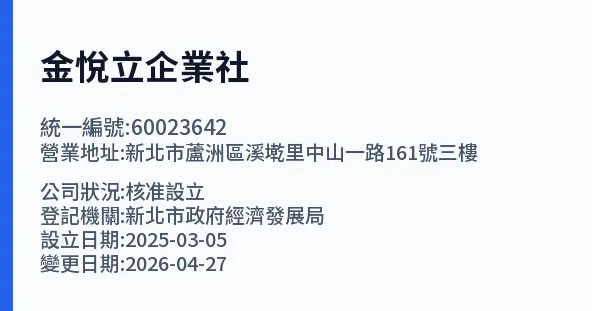 金悅立企業社的照片-統編 60023642(新北市) 公司登記資料與營業項目詳細圖表