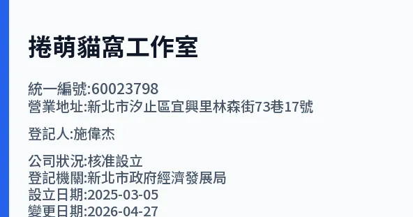 捲萌貓窩工作室的照片-統編 60023798(新北市) 公司登記資料與營業項目詳細圖表