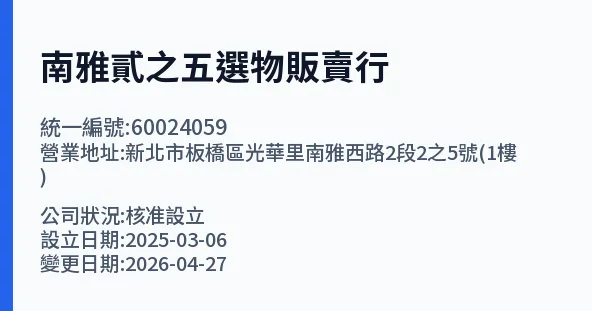 南雅貳之五選物販賣行的照片-統編 60024059(新北市) 公司登記資料與營業項目詳細圖表