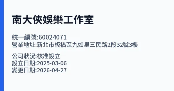 南大俠娛樂工作室的照片-統編 60024071(新北市) 公司登記資料與營業項目詳細圖表