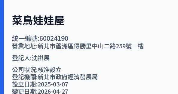 菜鳥娃娃屋的照片-統編 60024190(新北市) 公司登記資料與營業項目詳細圖表