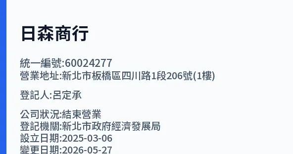 日森商行的照片-統編 60024277(新北市) 公司登記資料與營業項目詳細圖表