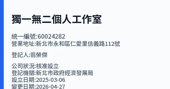 獨一無二個人工作室的照片-統編 60024282(新北市) 公司登記資料與營業項目詳細圖表