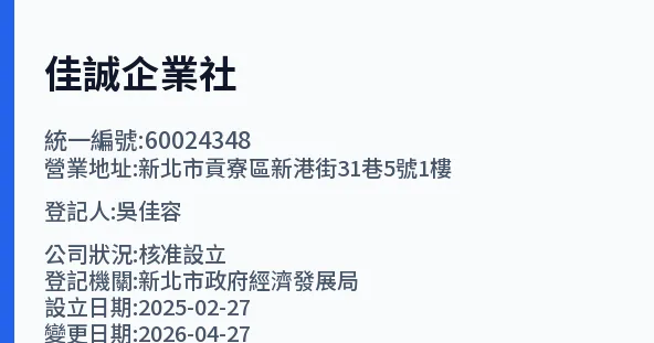 佳誠企業社的照片-統編 60024348(新北市) 公司登記資料與營業項目詳細圖表