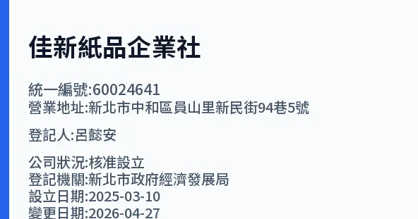 佳新紙品企業社的照片-統編 60024641(新北市) 公司登記資料與營業項目詳細圖表