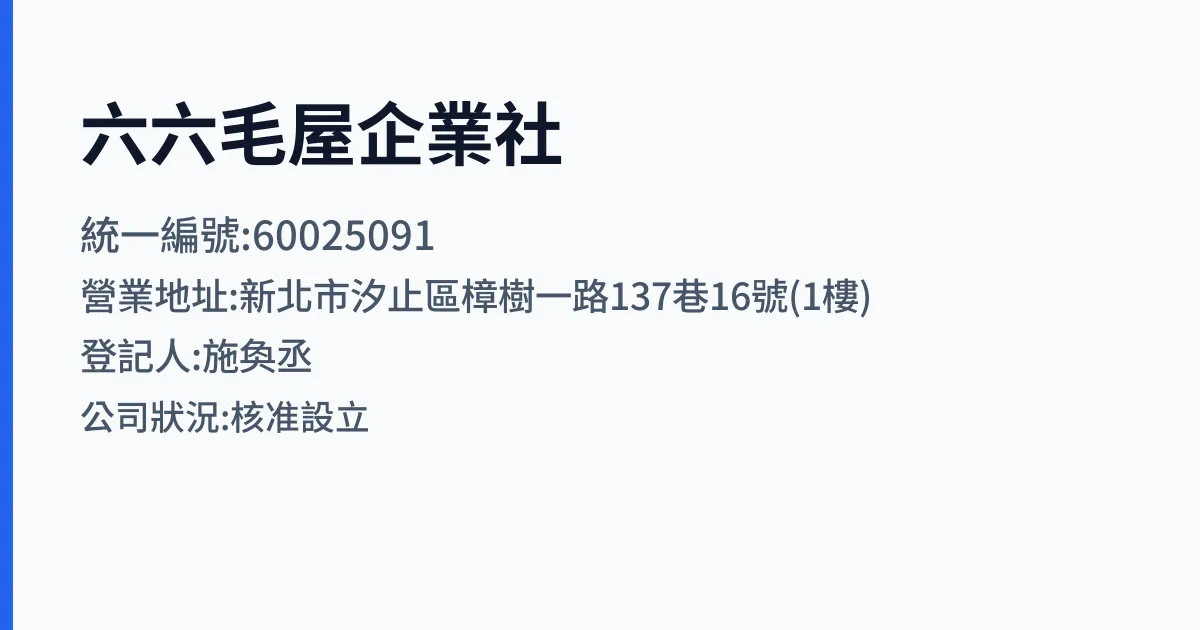 六六毛屋企業社 - 統編 60025091(新北市) 公司登記資料與營業項目詳細圖表