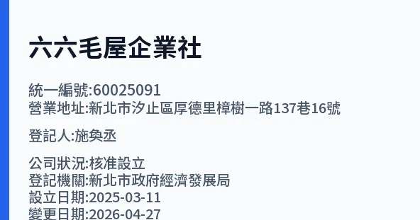 六六毛屋企業社的照片-統編 60025091(新北市) 公司登記資料與營業項目詳細圖表