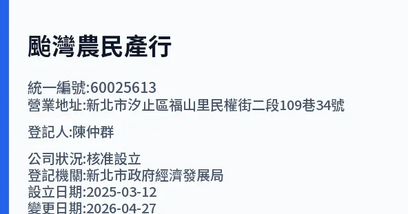 颱灣農民產行的照片-統編 60025613(新北市) 公司登記資料與營業項目詳細圖表