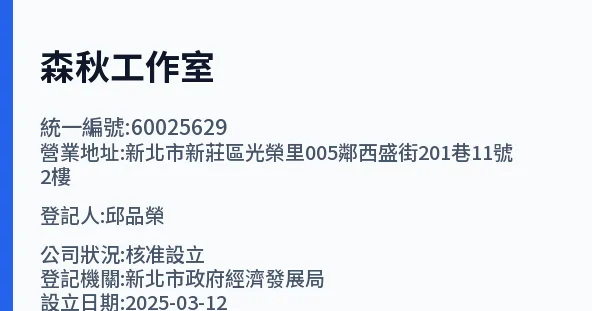 森秋工作室的照片-統編 60025629(新北市) 公司登記資料與營業項目詳細圖表