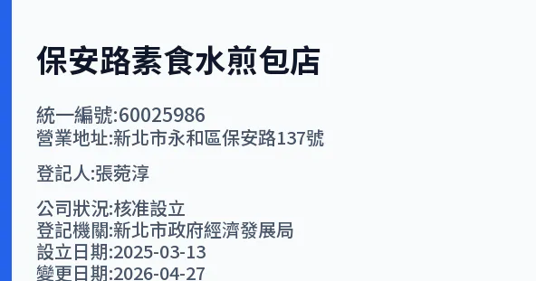 保安路素食水煎包店的照片-統編 60025986(新北市) 公司登記資料與營業項目詳細圖表