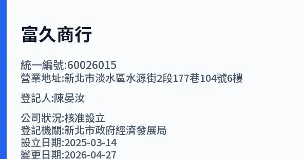 富久商行的照片-統編 60026015(新北市) 公司登記資料與營業項目詳細圖表