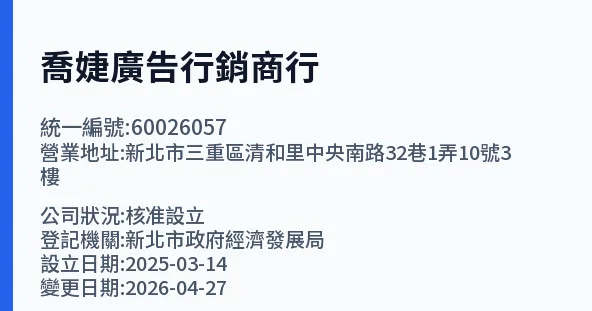 喬婕廣告行銷商行的照片-統編 60026057(新北市) 公司登記資料與營業項目詳細圖表