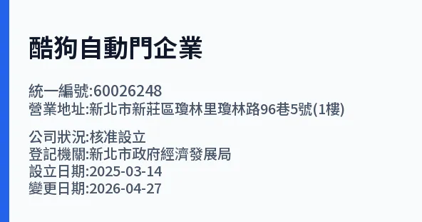 酷狗自動門企業的照片-統編 60026248(新北市) 公司登記資料與營業項目詳細圖表