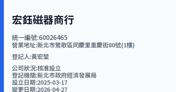 宏鈺磁器商行的照片-統編 60026465(新北市) 公司登記資料與營業項目詳細圖表