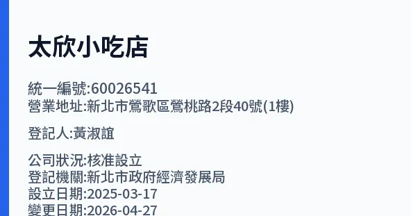 太欣小吃店的照片-統編 60026541(新北市) 公司登記資料與營業項目詳細圖表