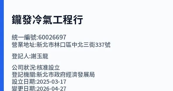 鑨發冷氣工程行的照片-統編 60026697(新北市) 公司登記資料與營業項目詳細圖表