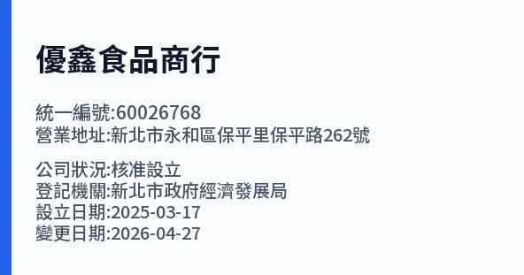 優鑫食品商行的照片-統編 60026768(新北市) 公司登記資料與營業項目詳細圖表