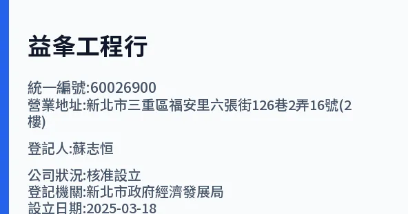 益夆工程行的照片-統編 60026900(新北市) 公司登記資料與營業項目詳細圖表