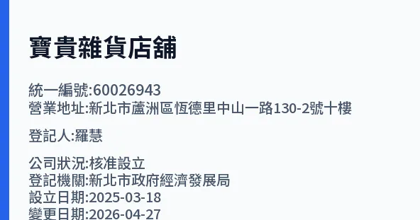 寶貴雜貨店舖的照片-統編 60026943(新北市) 公司登記資料與營業項目詳細圖表