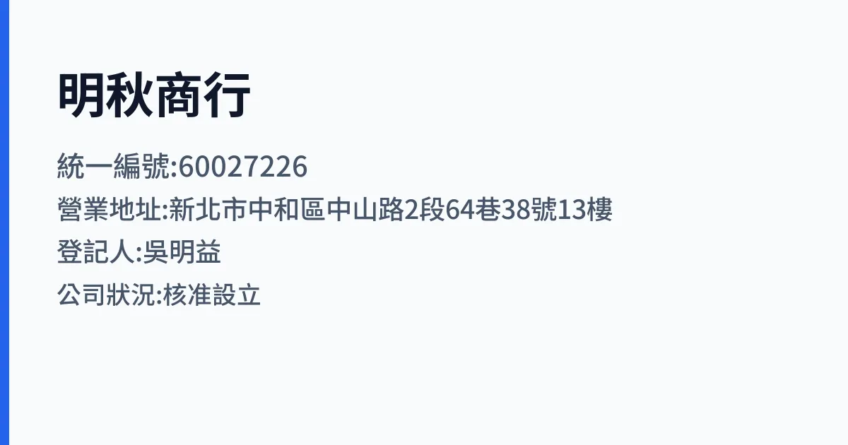 明秋商行 - 統編 60027226(新北市) 公司登記資料與營業項目詳細圖表