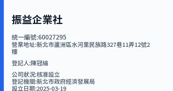 振益企業社的照片-統編 60027295(新北市) 公司登記資料與營業項目詳細圖表