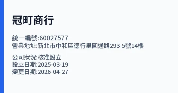 冠町商行的照片-統編 60027577(新北市) 公司登記資料與營業項目詳細圖表