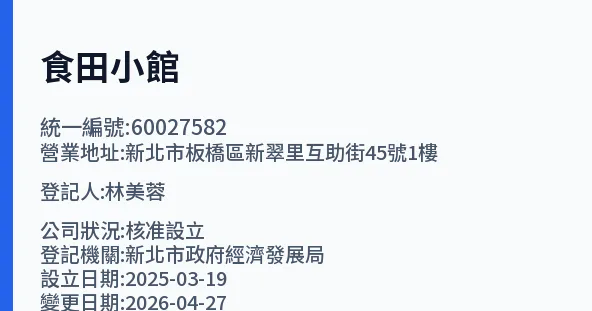 食田小館的照片-統編 60027582(新北市) 公司登記資料與營業項目詳細圖表